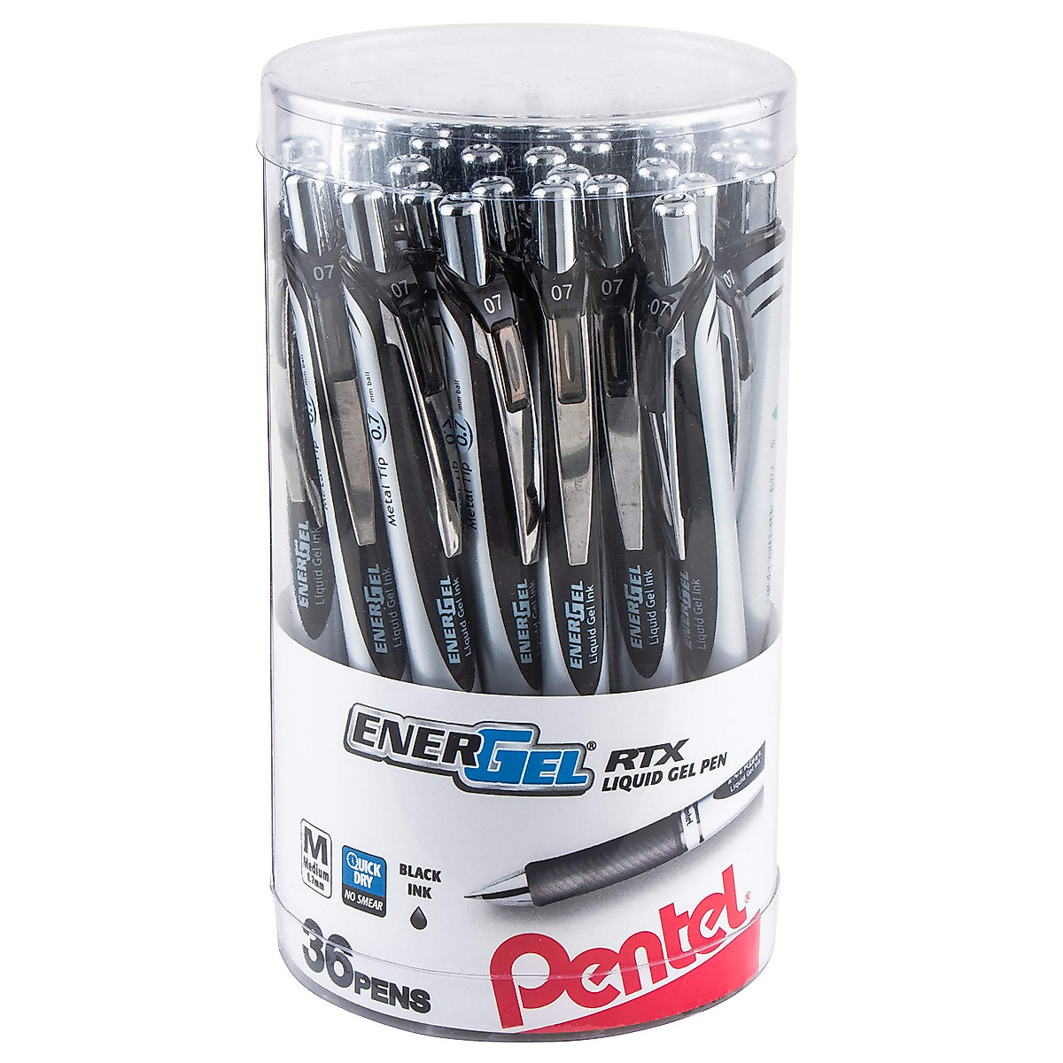 Pentel EnerGel RTX Retractable Liquid Gel Pen Canister, Black Ink, 36Pk (BL77PC36A)
