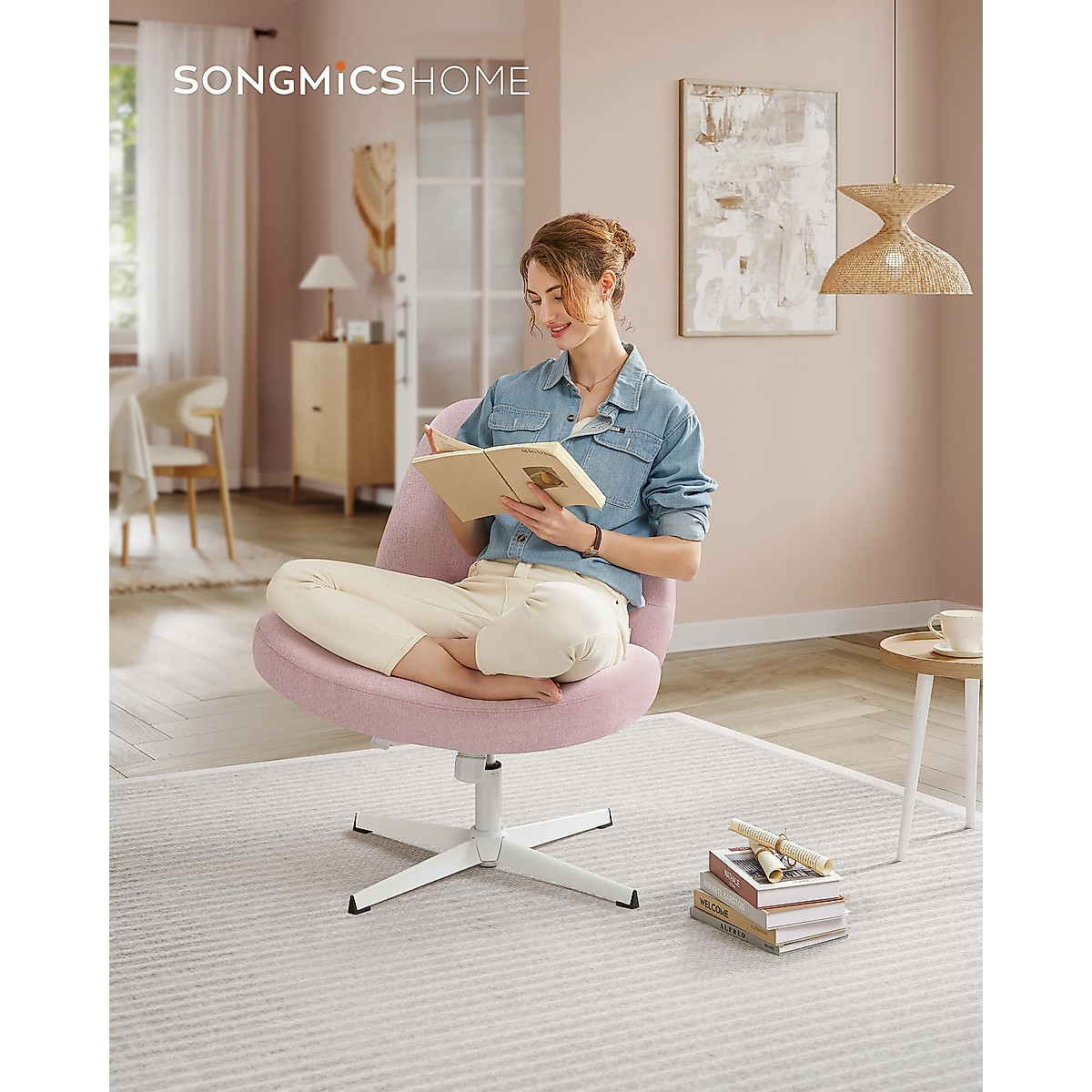SONGMICS HOME Criss Cross Legged Chair, Armless Office Desk Chair No Wheels, Wide Comfortable Adjustable Swivel Vanity Chair for Home Office, Cotton-Linen Fabric, Jelly Pink UOBG046R03