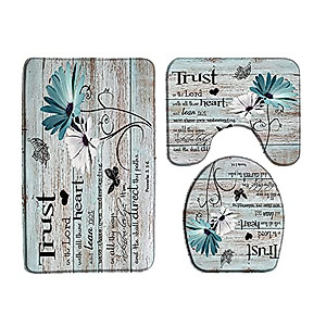 DSMEUE Inspirational Quote 4 Piece Shower Curtain Sets with Rugs，Rustic Teal Wooden Board Daisy Flower Butterfly Motivational 70"x70" Bathroom Curtain and 17.8"x29.5" Bath Mat,Toilet Cover, U-Shaped
