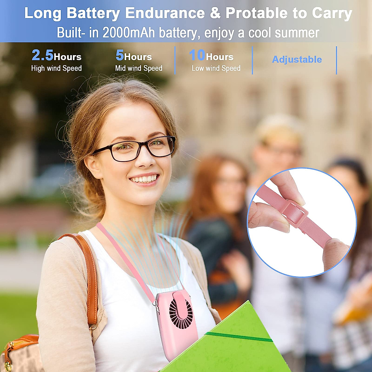 Portable Waist Fan Mini Neck Fan Rechargeable USB Necklace Fan Cooling Hands free Wearable Personal Fan with 15H Work time 3 Speed Outdoor Fans for Worker Office Travel Climbing Hiking Cycling Fishing