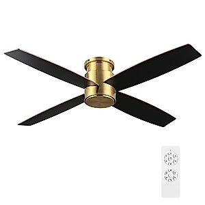 WINGBO 52" Flush Mount DC Ceiling Fan Without Lights, 4 Reversible Blades, Ultra Quiet 6-Speed DC Motor, Hugger Low Profile Indoor Ceiling Fan No Lights, Brass Finish