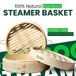 Bamboo Steamer Basket 2 Tier Wooden Basket With Handle Complete Kit for Dumpling Steamer Basket, Reusable Silicone Liner, Veggie Bamboo Basket 10 Inch Steamer for Cooking Bao Buns, Dim Sum - Steaming Basket