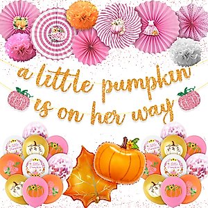 Little Pumpkin Baby Shower Decorations, 38Pcs Pumpkin Baby Shower A Little Pumpkin Is On Her Way Banner, Fall Baby Shower Decorations Girl Maple Leaf Pumpkin Balloons Paper Flower Balls Paper Fans