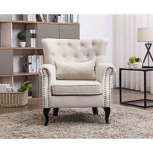 Kmax Fabric Club Chair Tufted Throne Chair Mid Century Accent Wingback Chair Padded Seating Wood Legs Home Club Bedroom Living Room, Beige
