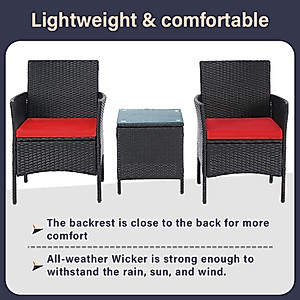 SOLAURA 3-Piece Patio Bistro Set Black Wicker Outdoor Furniture Patio Chairs with Glass-top Coffee Table (Red Cushion)