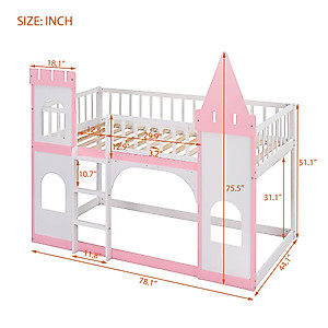 Harper & Bright Designs Low Bunk Bed Twin Over Twin, Wooden Bunk Bed Frame for Kids Girls Boys, Castle Shape Design (Pink)