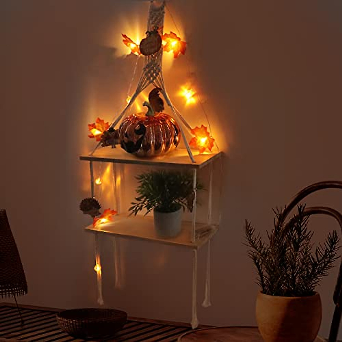 Macrame Wall Hanging Shelf with Fall Maple Leaf Garland Light, Autumn Wood Boho Shelf, Handmade Rope Shelf, Fall Wall Decor, Halloween and Thanksgiving Decorations for Home, Living Room, Bedroom