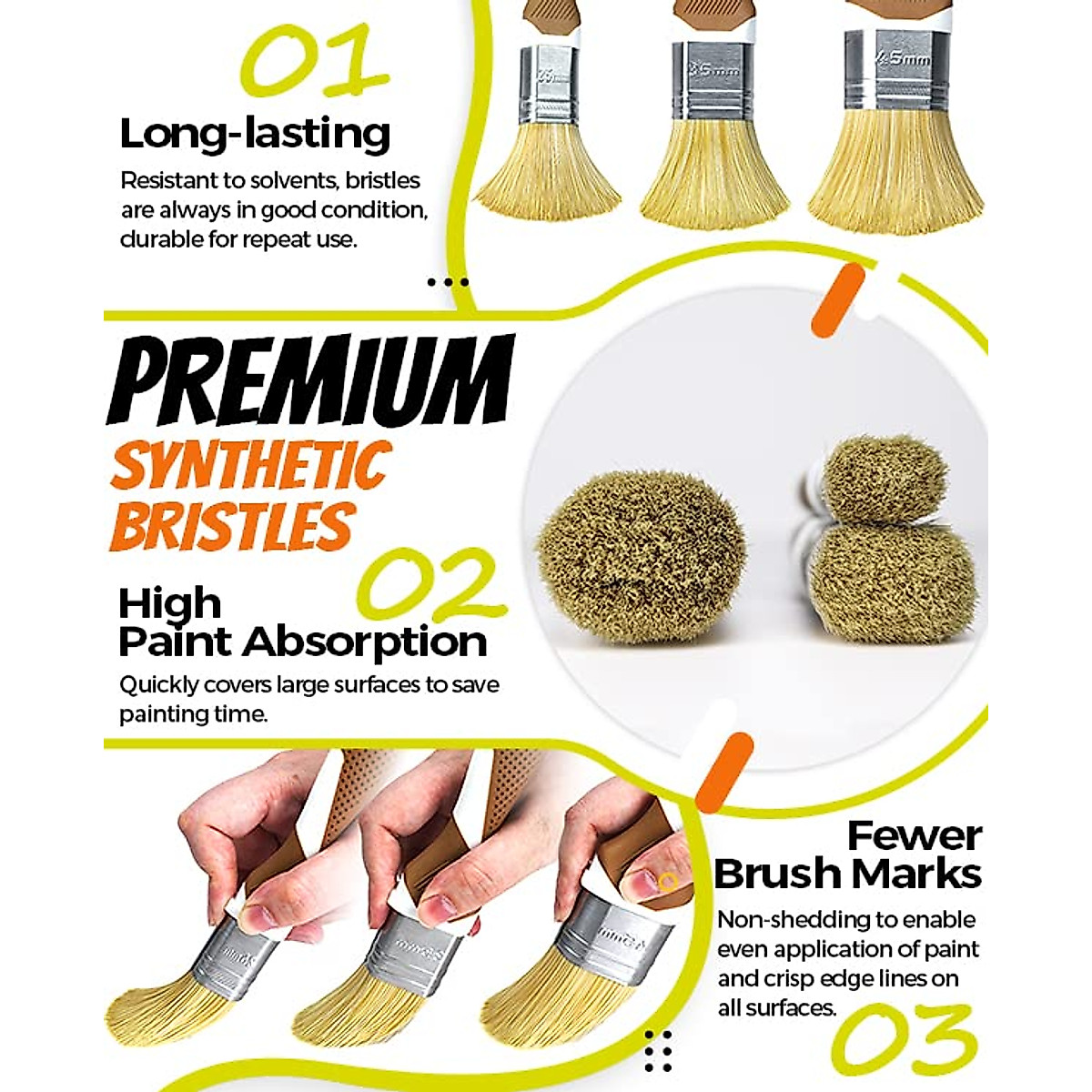 PinStone 3 Pack Professional Paint Brushes Set, 1", 1.5", 2" Synthetic Bristles Paint Brush, Easy-Grip Rubber Handle, Cabinet Paint Brush, Chalk Paint Brush, Paint Brushes for Walls, Smooth Finish