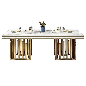 LAKIQ Luxury Style Marble Dining Table Modern Rectangle Kitchen Dining Room Table Gold Metal Pedestal Table-Table Only-Without Chairs (White,63" L x 35.4" W x 29.5" H)