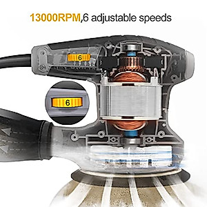 Jellas 5-Inch Random Orbital Sander with 18Pcs Sandpapers, 13000RPM 6 Variable Speed Sander Machine, High Performance Dust Collection System for Woodworking, 2.5A, Dust Collection Bag Include - OS280