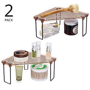 mDesign Plastic/Steel Corner Stackable Rack, Storage Organizer Shelf for Bathroom, Vanity, Countertop, Sink, Cabinet, Holds Makeup, Shower Accessories, Ligne Collection - 2 Pack - Bronze/Amber