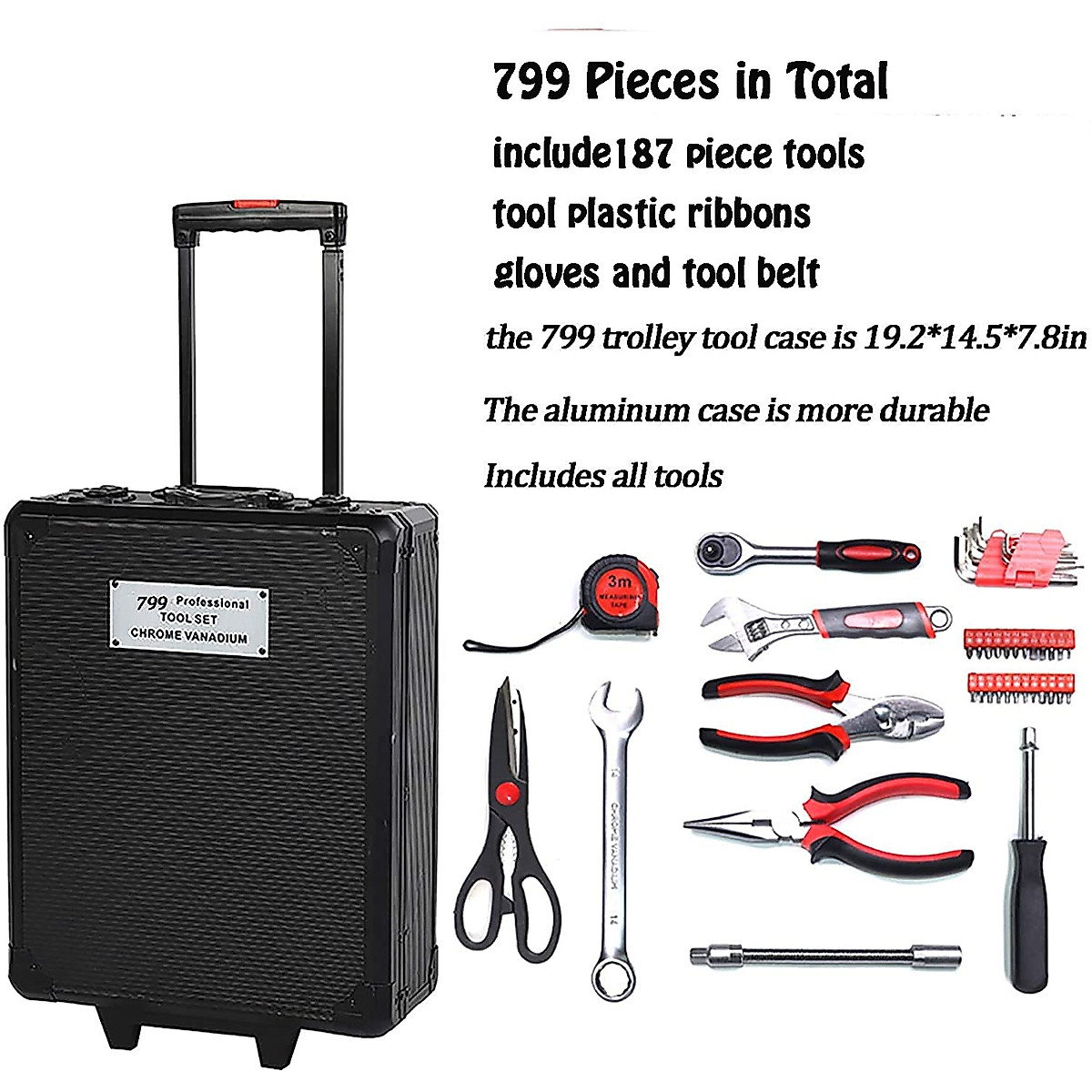 Arcwares 799pcs Aluminum Trolley Case Tool Set Silver, House Repair Kit Set, Household Hand Tool Set, with Tool Belt,Gift on Father's Day, Valentine's Day, Christmas