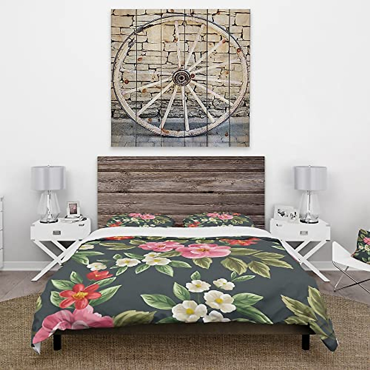 DESIGN ART Designart 'Vintage Pink and Red Wildflowers II' Traditional Duvet Cover Comforter Set Full/Queen Cover + Comforter + 2 Shams 4 Piece