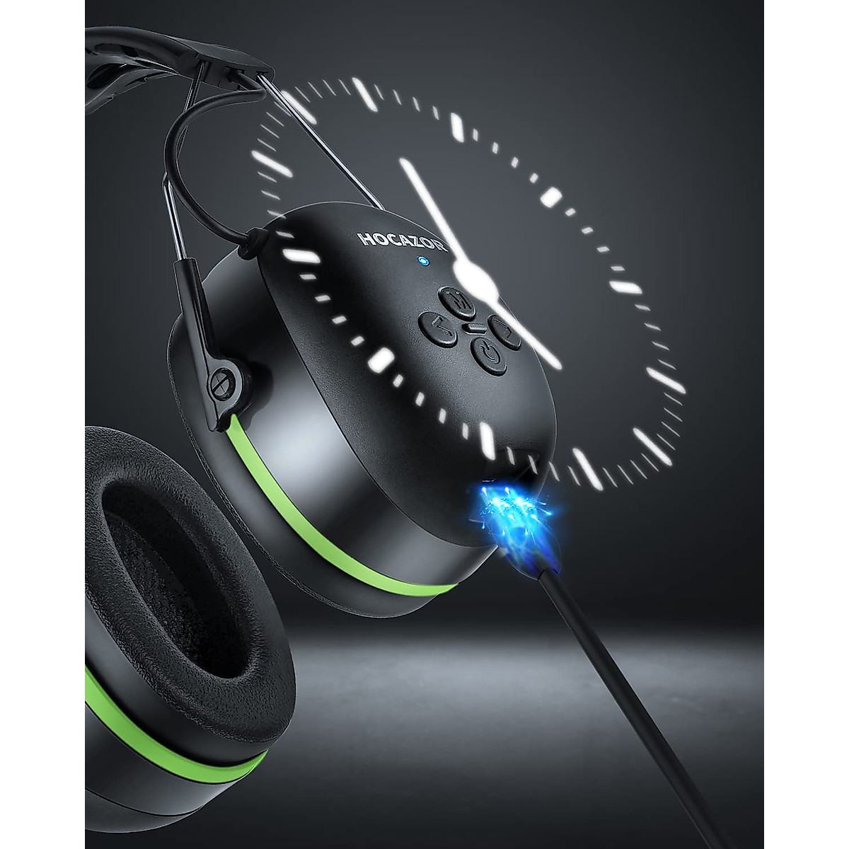 Hocazor HZ07 Upgrade Bluetooth 5.3 Hearing Protection Built-in 1500 mAh Rechargeable Battery 40 Hours+ Playing Time Noise Cancelling 25dB NRR Earmuffs NRR 25dB for Mowing Workshops, Green