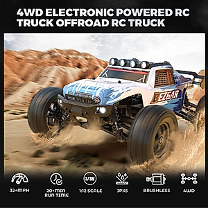 BEZGAR HM124 Brushless RC Car - 1:12 Scale 52+KM/H High Speed RC Truck, 4x4 Offroad Waterproof for All Terrains, Hobby Grade Remote Control Truck for Adults and Kids Boys with Rechargeable Battery