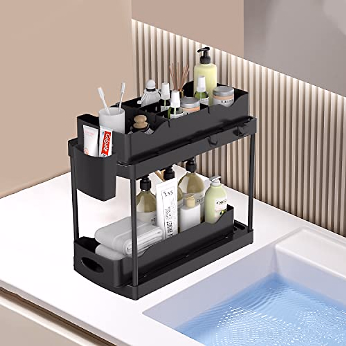 2 Pack Under Sink Organizer, 2 Tier Double Sliding Under Sink Organizers and Storage Multi-Purpose Under Cabinet Storage with Hooks, Hanging Cup, Dividers, for Bathroom Kitchen