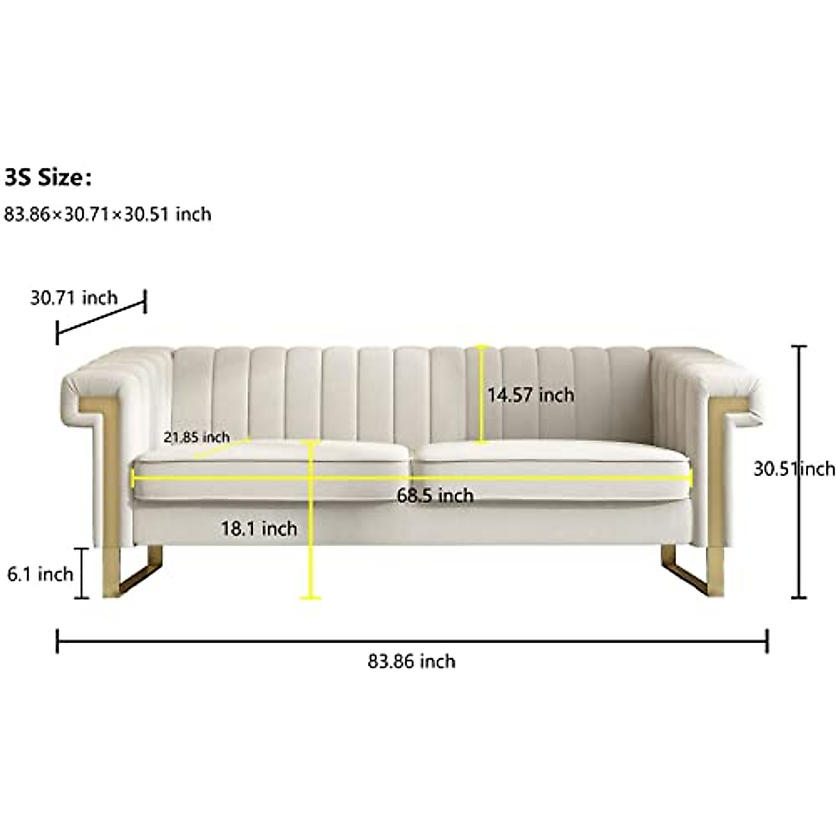 Chesterfield Sofa with Tufted Velvet Upholstered,Modern Velvet Couch with Flared Arms and Removable Cushions,83.85 Inch Width Living Room Furniture,Solid Wood Frame and Gold Legs(Beige)