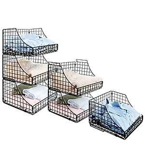 Storage Bins Closet Organizers and Storage 3 Pack, Rustic Stackable Metal Wire Basket for Clothes Toys Snacks, Open Pantry Baskets for Countertop Cabinet Living Room Black, 11.5x11.5x21inch