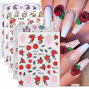 JMEOWIO 3D Spring Embossed Flower Nail Art Stickers Decals Self-Adhesive Pegatinas Uñas 5D Floral Nail Supplies Nail Art Design Decoration Accessories 5 Sheets