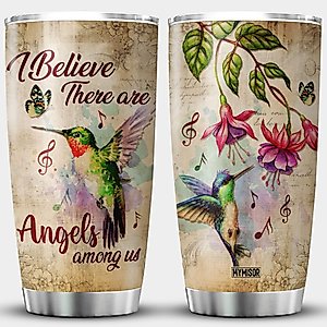 MYMISOR Hummingbird Tumbler For Women I Believe There Are Angels Vintage Flower Floral Bird Lover Gift Ideas Stainless Steel Coffee Cup With Lid 20oz Christian Hummingbird