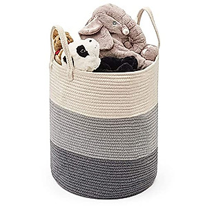 EZOWare Large Cotton Rope Storage Basket, Soft Woven Laundry Hamper with Handles for Bathroom Nursery Closet - Gradient Gray, 15 x 18 inch