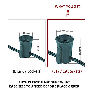 C9 Light Strand 100 FT for E17-12 Spacing, Outdoor String Light Christmas Stringer with 100 Sockets for Patio, Green Wire