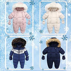 Fairy Baby Infant Baby Winter Snowsuit Coat Romper Hooded Double Zipper Fur Collar Warm Jumpsuit for Boys Girls 6-9 Monthes