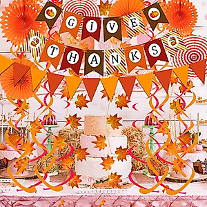 Give Thanks Banner Orange Paper Triangle Flag Bunting Maple Leaf Hanging Garland and Paper Fan Flower Swirl Streamers for Thanksgiving Theme Party Decoration