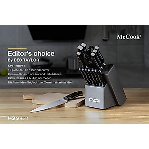 McCook MC25A German Stainless Steel Knife Block Sets with Built-in Sharpener + MCW12 Bamboo Cutting Board (Large, 17”x12”x1”)