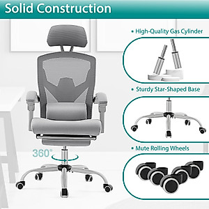 DUMOS Home Office Desk Chair with Footrest, High-Back Mesh Rolling Swivel Reclining Chairs with Wheels, Comfortable Headrest, Lumbar Support, Comfy Arms for Home, Office, Gaming, Student, Grey