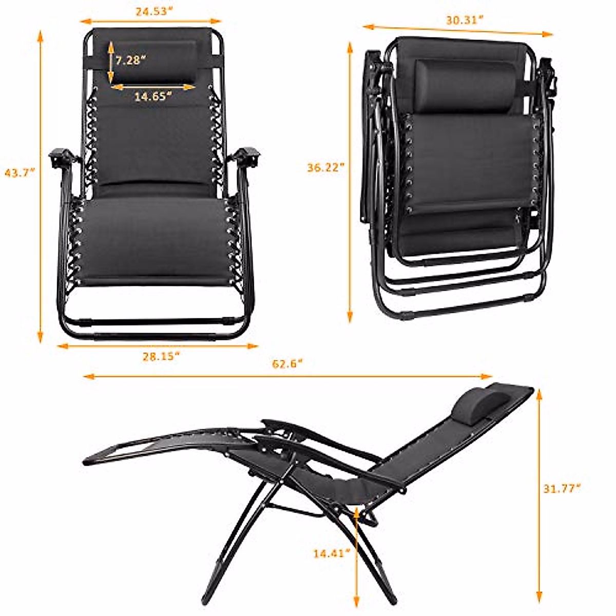 Flamaker Zero Gravity Chair Oversized Padded Patio Adjustable Recliner Outdoor Lounger Chair with Headrest for Poolside, Yard and Camping (Black)