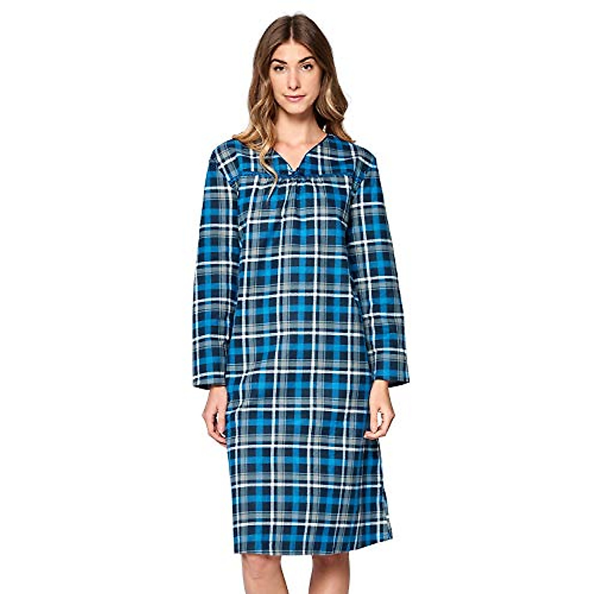 Casual Nights Women's Flannel Plaid Long Sleeve Sleepwear Nightgown - Navy - Large