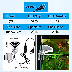 WEAVERBIRD Aquarium Light M3 Fan Shape Fish Tank LED Light 5W 12 LED Planted Clip Lamp for 4-10Inch 6mm Thick Fish Tanks
