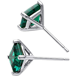 Peora Created Emerald Stud Earrings for Women 14K White Gold, Classic Solitaire, 2 Carats total Princess Cut, 6mm, Friction Back
