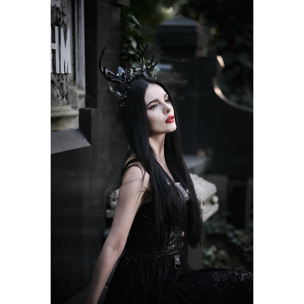 MOSTORY Handmade Black Deer Antlers Headband Gothic Reindeer Horns Elf Crown Dark Woodland Butterfly Headpiece for Women Girls Renaissance Halloween Cosplay Goth Wedding Party