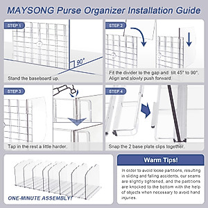 MAYSONG Adjustable Purse Organizer for Closet - Clear Acrylic Handbag Separators, Closets Divider for Clothes Purses Handbag (2 Base Boards 8 Shelf Dividers)
