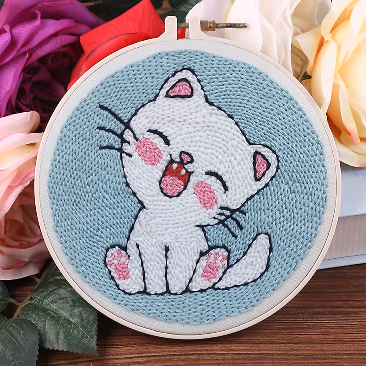 Easy Smaller Size DIY Craft Punch Needle Embroidery Kits Rug for Starter Kits with Stamped Color Pattern with Instruction,Yarn and Wood Needle Pen,15cm Hoop (White Kitten)
