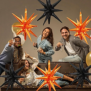 6 Pieces 27 Inches Black Orange Explosion Balloons, Large 14-Pointed One-Piece Cone Stars Fireworks Aluminum Foil Balloons for Halloween Birthday Graduation Backdrop Party Decorations