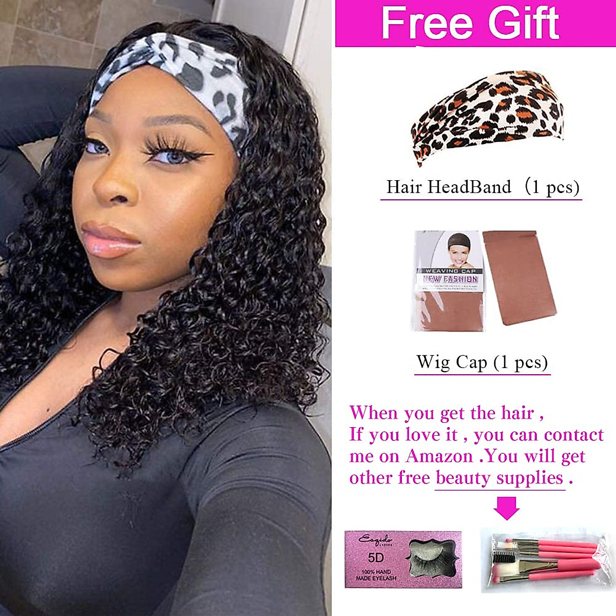 Glueless HeadBand Wig Curly Human Hair Wig None Lace Front Wigs for Black Women Deep Wave Machine Made Wigs Natural Color 180% Density (12inch)