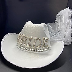 Bridal Cowboy Hat, Bronzing "Bride" Cowgirl Hat White Velvet Fur Veil Favors Women Felt Party Hat,Bachelorette Party Bride to be Gift