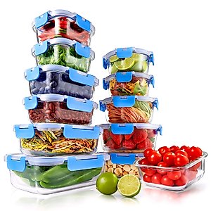 NutriChef 24pcs Glass Food Storage Containers, (12 Stackable Heavy Duty Meal Prep Containers w/ 12 Airtight Lids), Microwave, Freezer, & Dishwasher Safe for Food, Snacks, Fruit & More, (Blue)