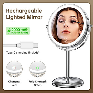 Gospire Lighted Makeup Mirror with Magnification 10X， Rechargeable Stepless Dimming LED Vanity Mirror 7", 360° Swivel Magnifying Cosmetic Mirror Cordless Standing Mirror for Dresser, Bathroom