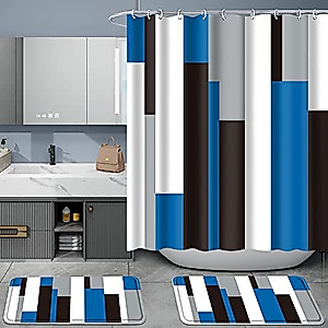 YOKYHOM Bathroom Sets, 3 Pcs Blue Striped Bathroom Shower Curtain Sets with Rugs, Incl 71'' x 71'' Polyester Shower Curtain with 12 Hooks, 2 Pcs 30'' x 18'' Non Slip Bath Mats