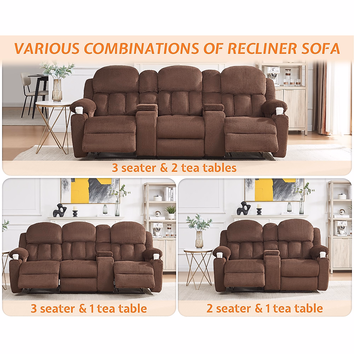 Jocisland Recliner Couch, 3 Seater Recliner with Cup Holders, Plush Fabric Reclining Couch with Dual Wingback, Comfy Recliner Sofas for Living Room(Brown)