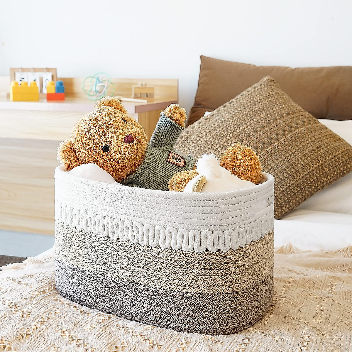 AROPEME Storage Basket for Shelves, 15"x10"x9" Woven Basket with Handles for Organizing, Cotton Rope Basket for Storage, Baby Nursery Toy Bin, Medium Rectangle Blanket Basket, Brown