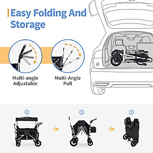 Stroller Wagon for 2 Kids, Wagon Cart Featuring 2 High Seat with 5-Point Harnesses and Adjustable Canopy, Foldable Push-Pull Rod Wagon Stroller for Garden, Stroller, Camping, Grocery Cart (Black-g)