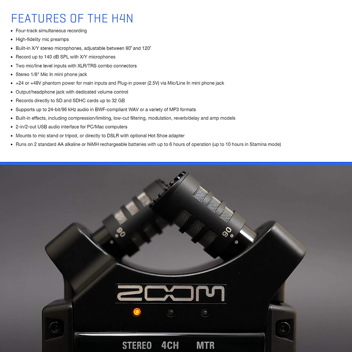 Zoom H4n Pro 4-Input / 4-Track Portable Handy Recorder with Onboard X/Y Mic Capsule (Black) + 32GB Memory Card + Professional Lavalier Condenser Microphone + 4 AA Batteries and Charger