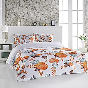 3 Pieces Duvet Cover Bedding Set Cal King Fall Watercolor Pumpkin Burnt Orange Maple Leaf Breathable Ultra Soft Comforter Cover with Zipper and Pillowcases Quilt Covers Thanksgiving Farm Harvest