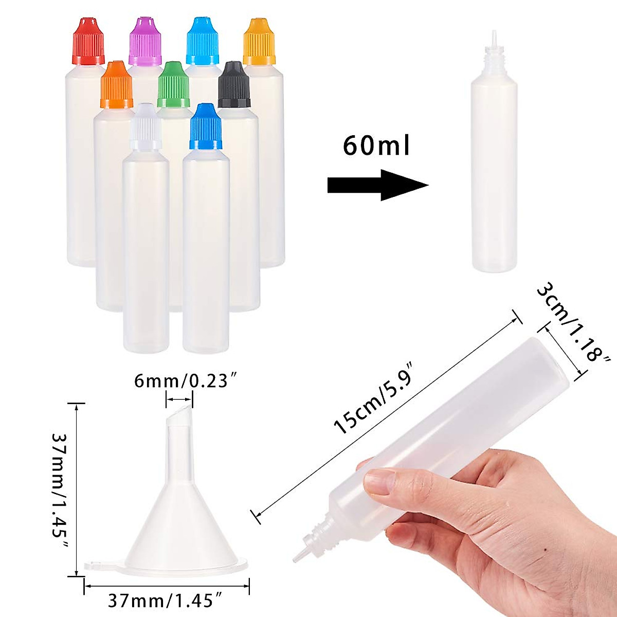 BENECREAT 18 Pack 2oz/60ml Plastic Squeeze Dropper Bottle Thin Tip Bottle with Childproof Caps, 4 Funnel and 2 Dropper for Glue DIY Craft