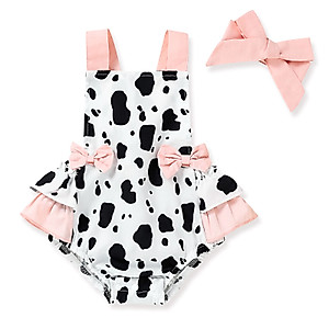 GRNSHTS Infant Baby Girls Ruffle Romper Toddler Sleeveless Halter Bodysuit Jumpsuit+Headband Summer Clothes Cow 12-18 Months Pink&black